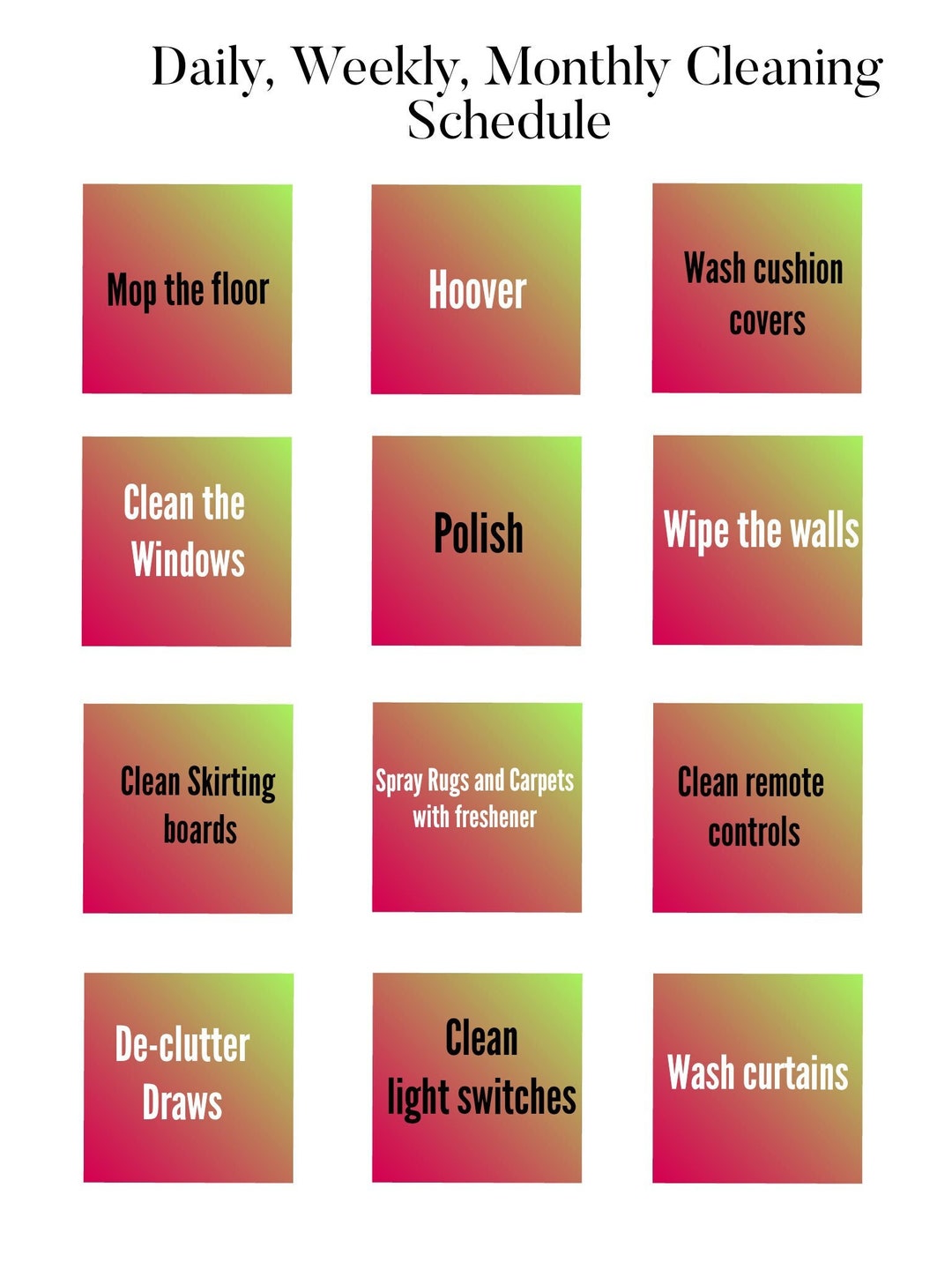Daily, Weekly, Monthly, Simple, Cleaning Schedule, Instant Printable ...