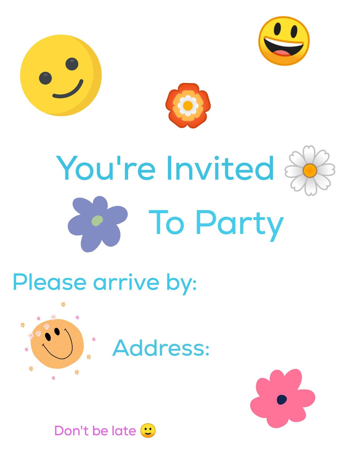 Smiley Face Flower Power Simple Invitation, Template, Emoji, Kids Birthday, Party, Instant ...