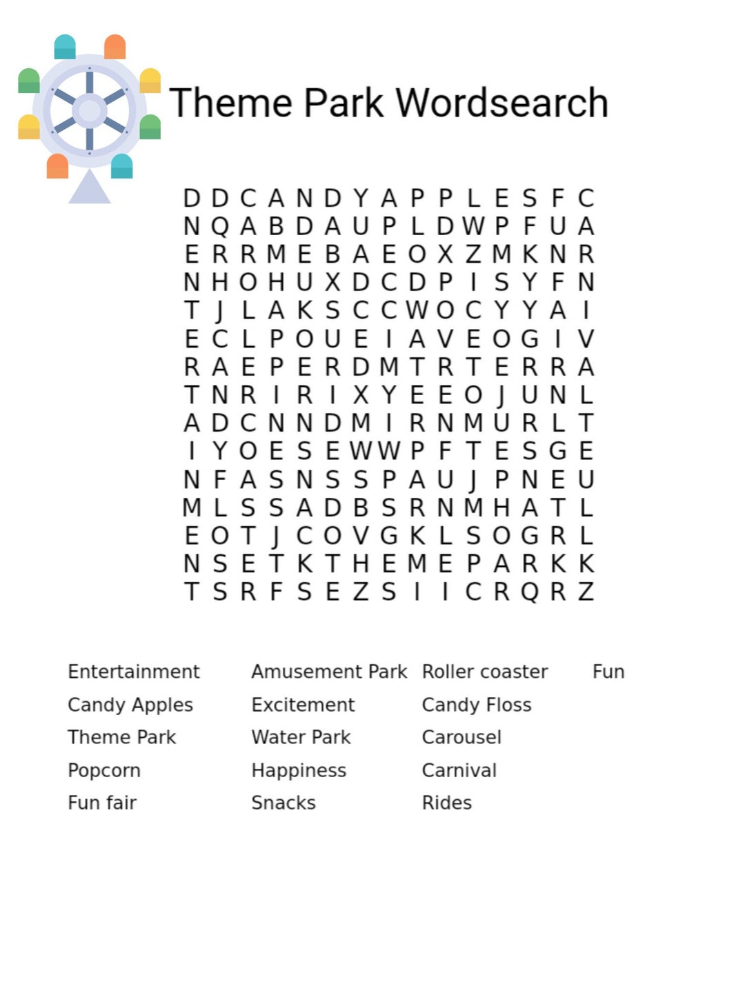 Amusement Park Wordsearch, Theme Park, Zoo, Activity, Kids, Home ...
