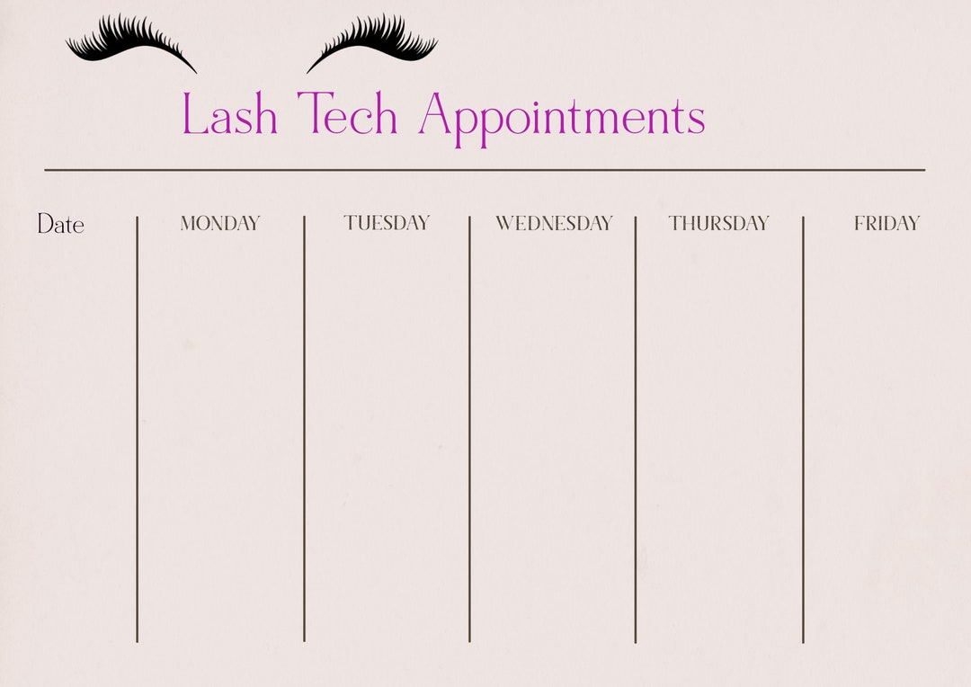 Lash Tech Appointments Sheet Printable Digital Download - Etsy