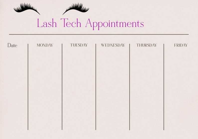 Lash Tech Appointments Sheet Printable Digital Download - Etsy