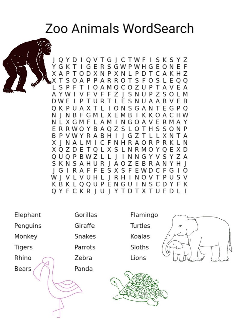 Zoo Animals Word Search Puzzle: Kids Printable Activity (digital ...