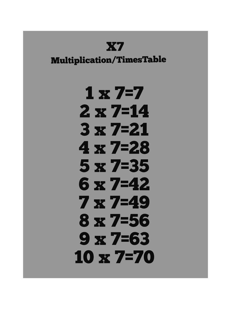 7 Timestable Multiplication Instant Download Printable Black and White ...