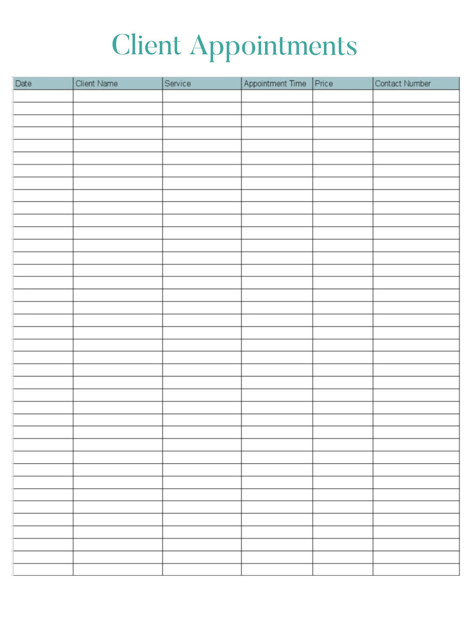 Client Appointment Sheet, Bookings, Lash Techs, Nail Techs, Barbers ...