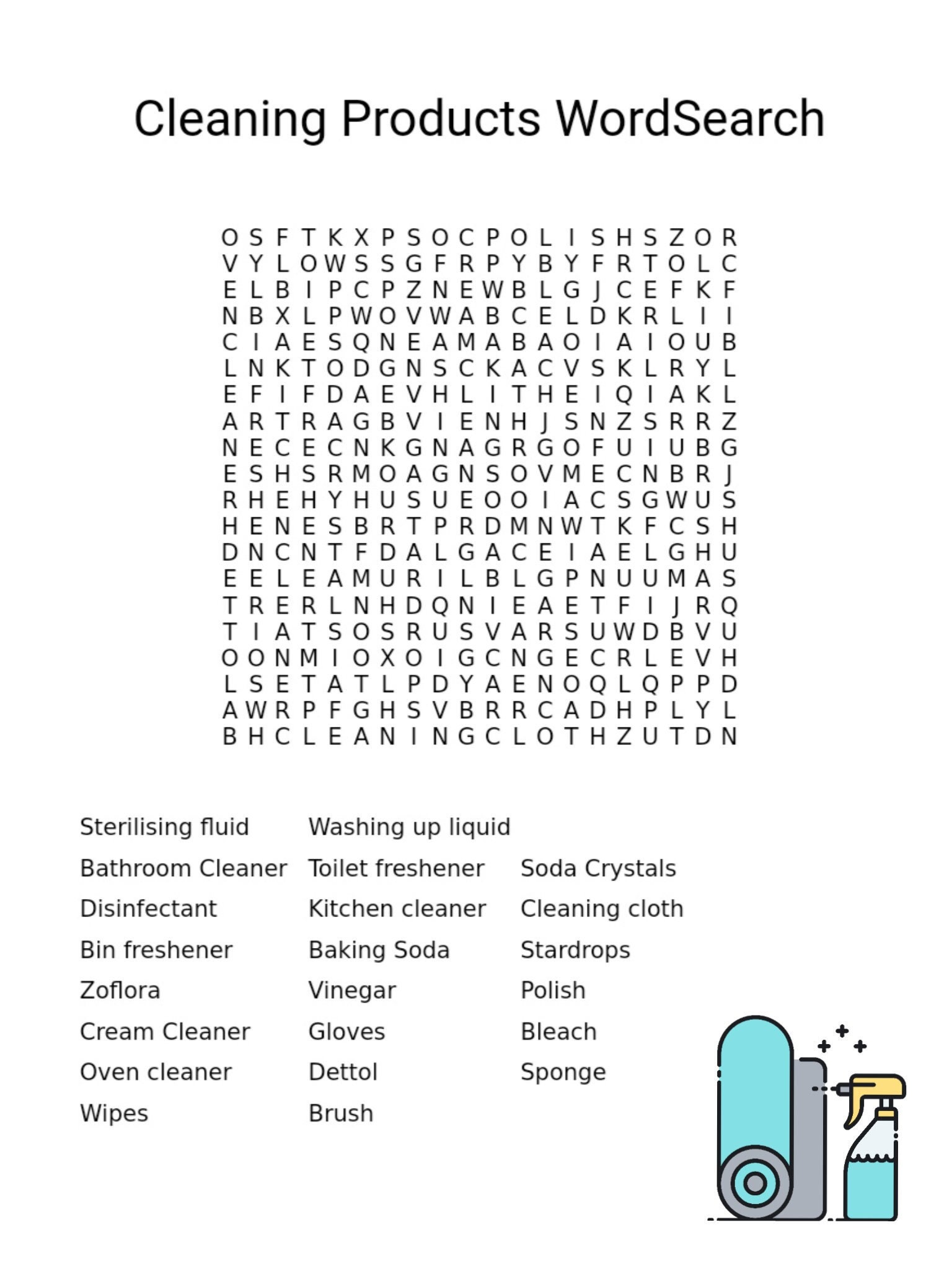 Cleaning Products, Cleaner, Wordsearch, Gift, Fun, Learning, Activity ...