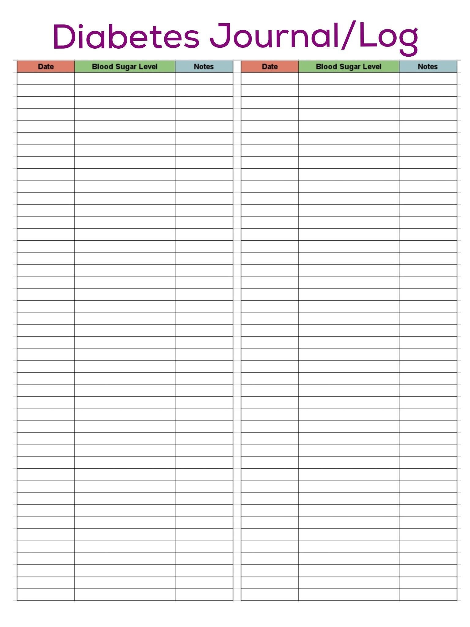 Diabetes Journal/log, Sugar Levels, Instant, Printable, Digital ...