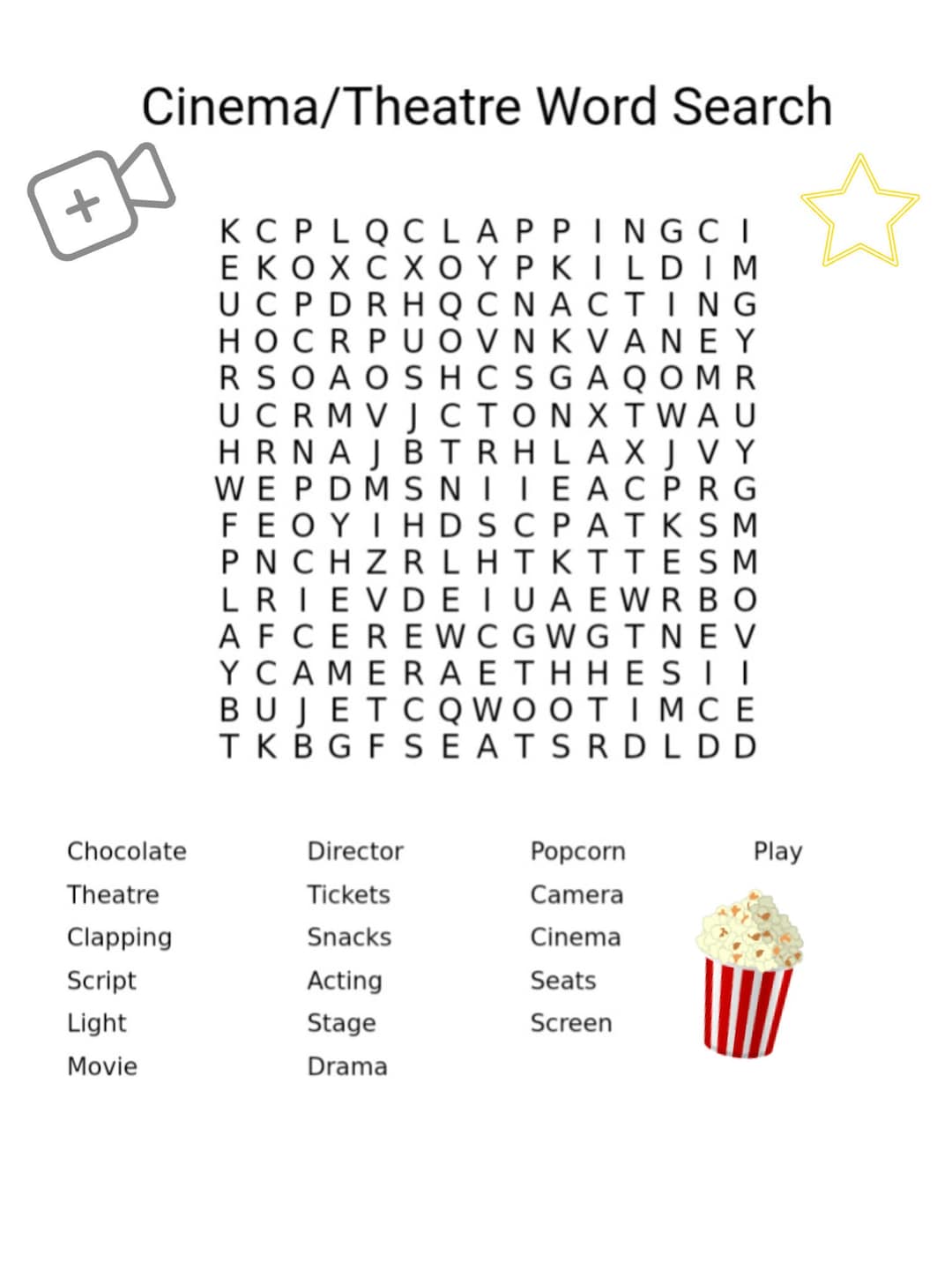 Cinema, Theatre, Wordsearch, Game, Puzzle, Kids Activity, Fun ...