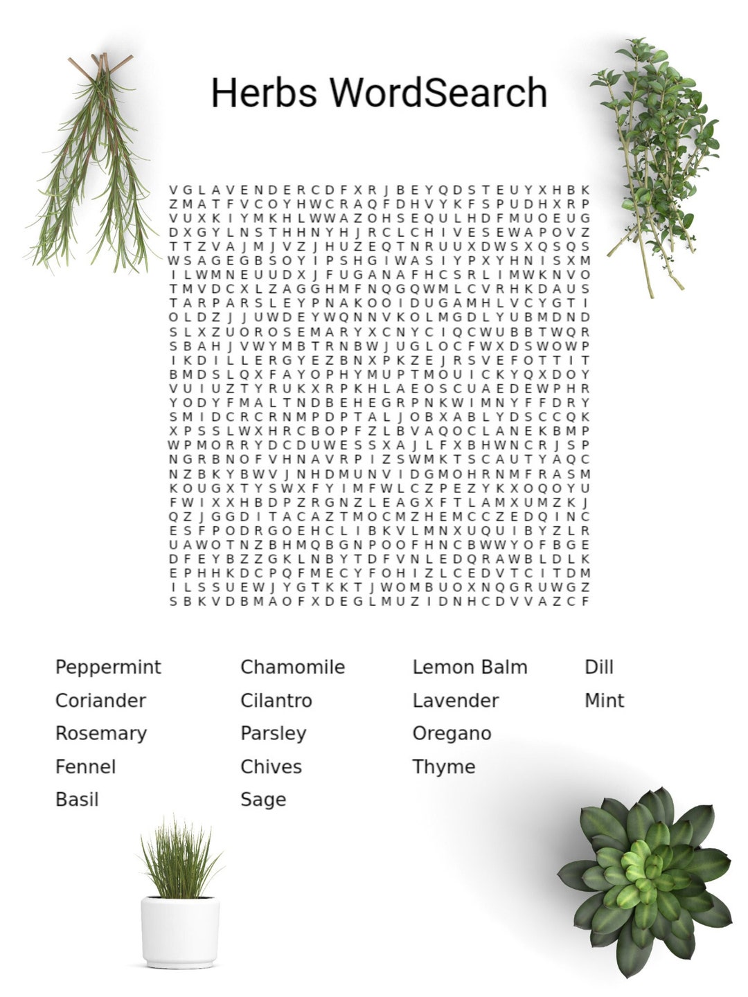 Herbs Wordsearch, Herb Garden, Thyme, Rosemary, Mint, Sage, Lavender ...