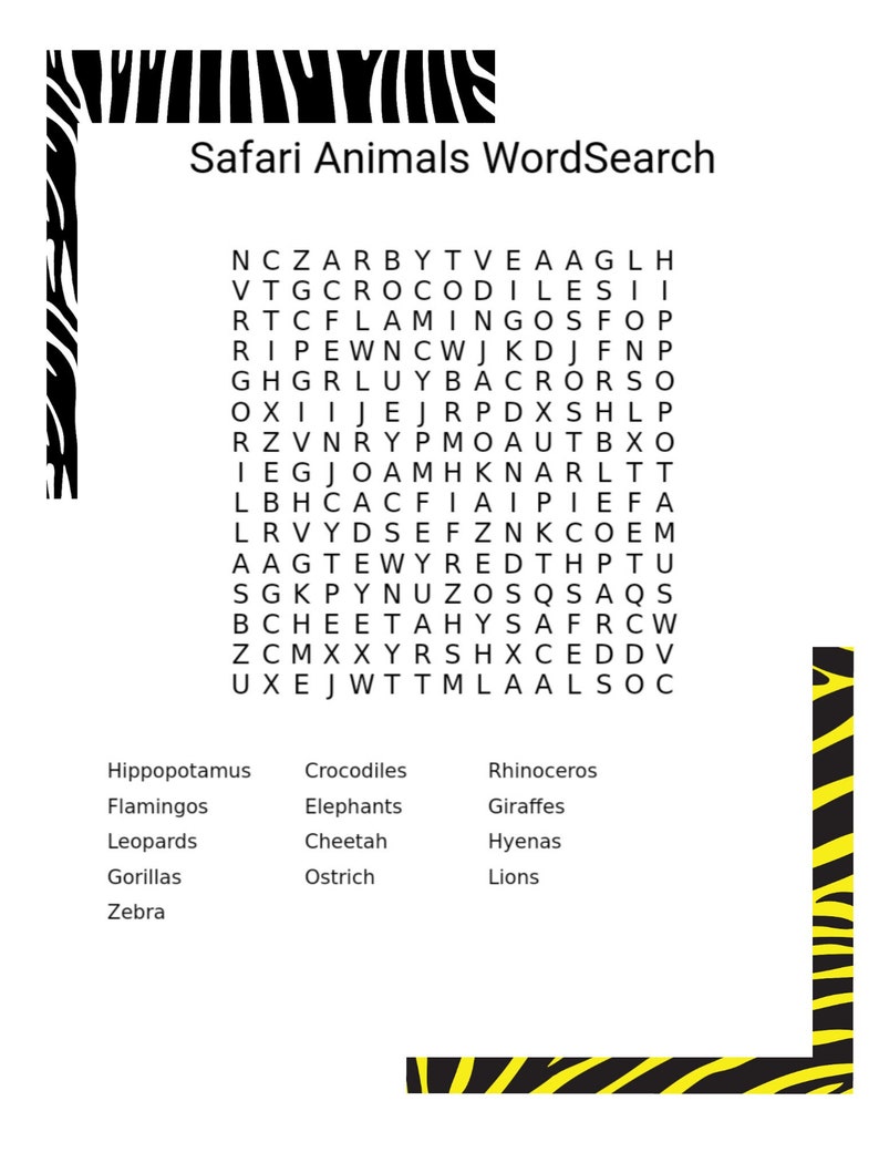 Safari Animals Wordsearch, Fun , Travelling to Safari, Holiday, Road ...