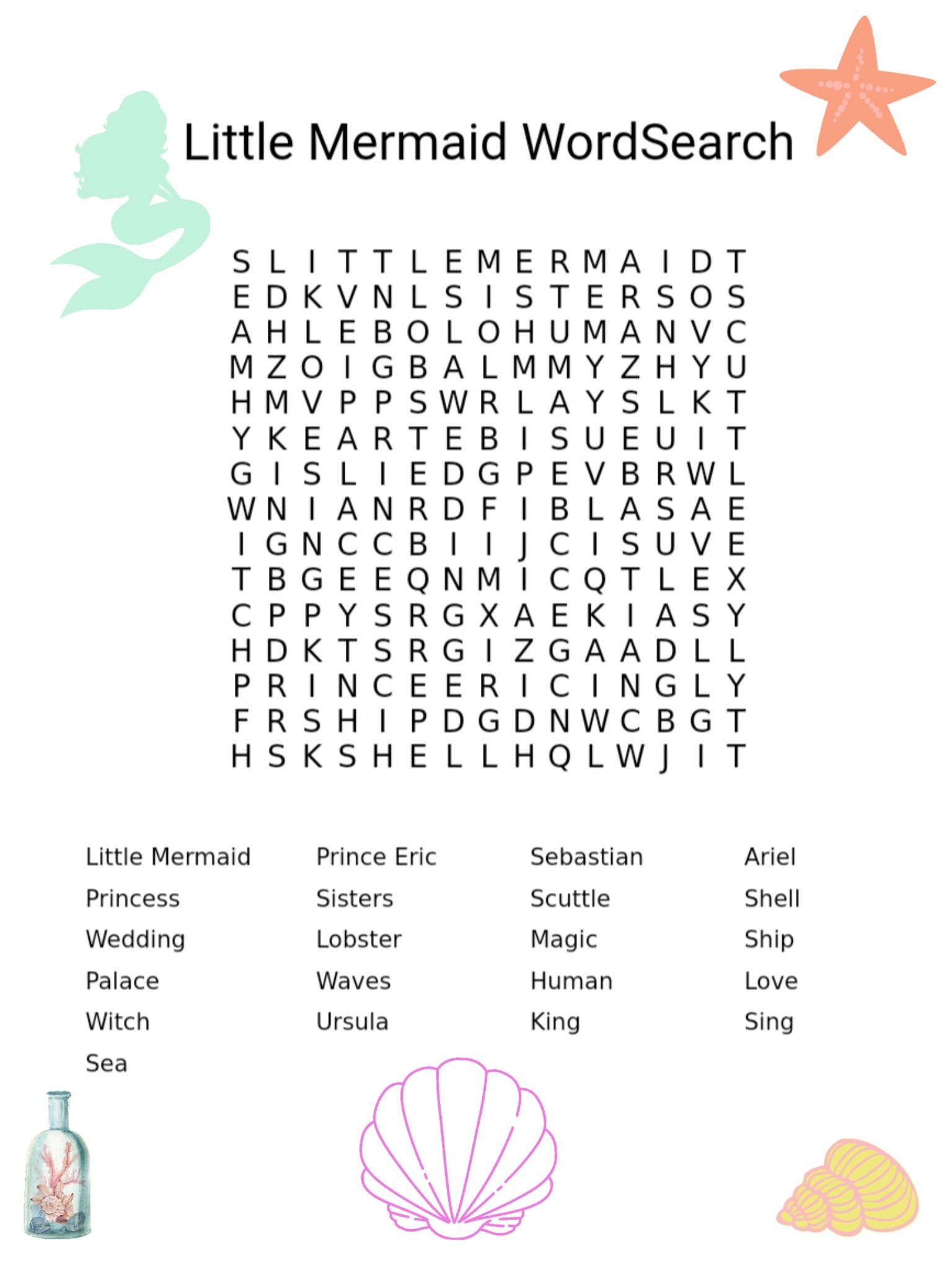 Little Mermaid Wordsearch, Under the Sea, Prince, Princess, King ...