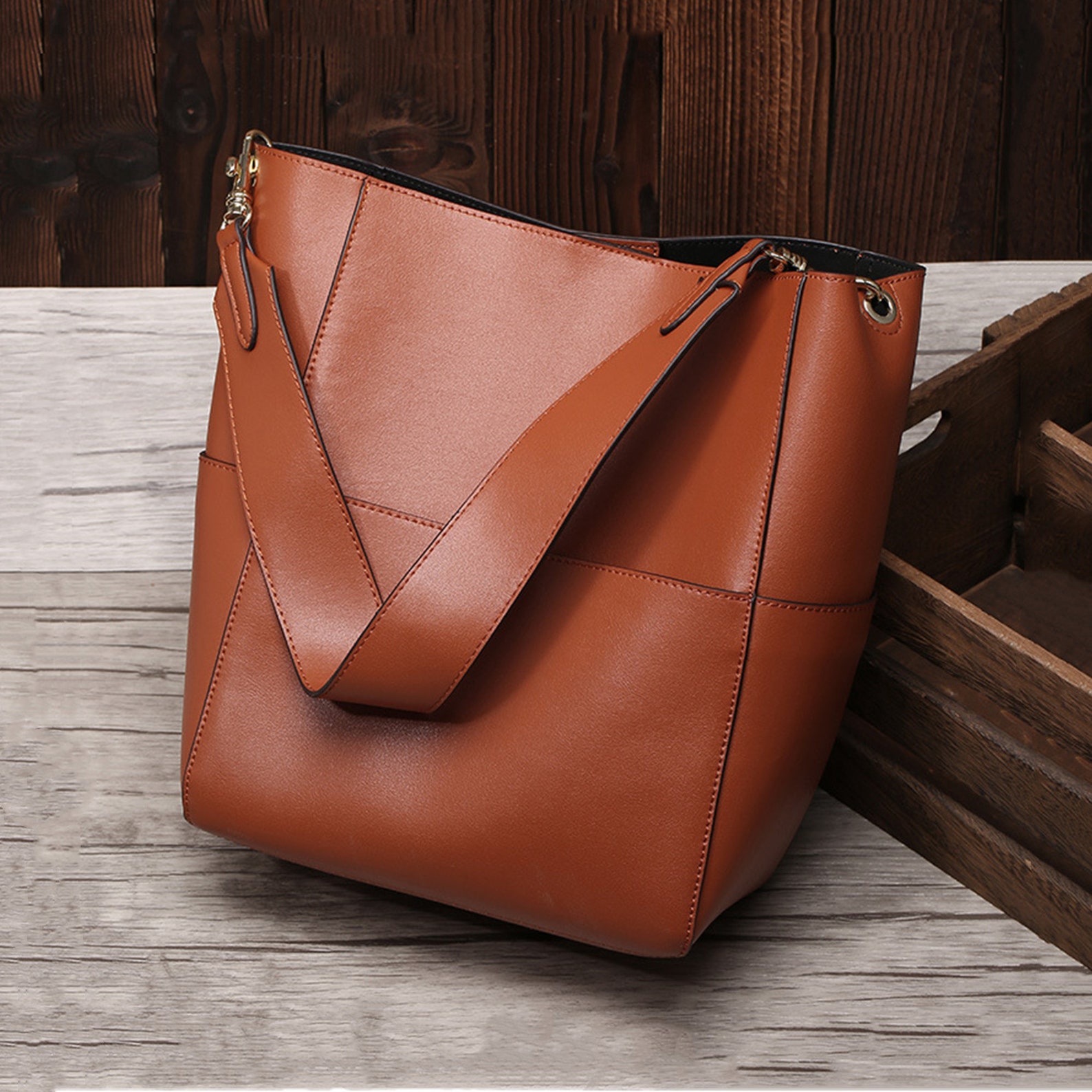 Leather Square Bucket Handbag,brown Leather Shoulder Bag,crossbody Bag ...