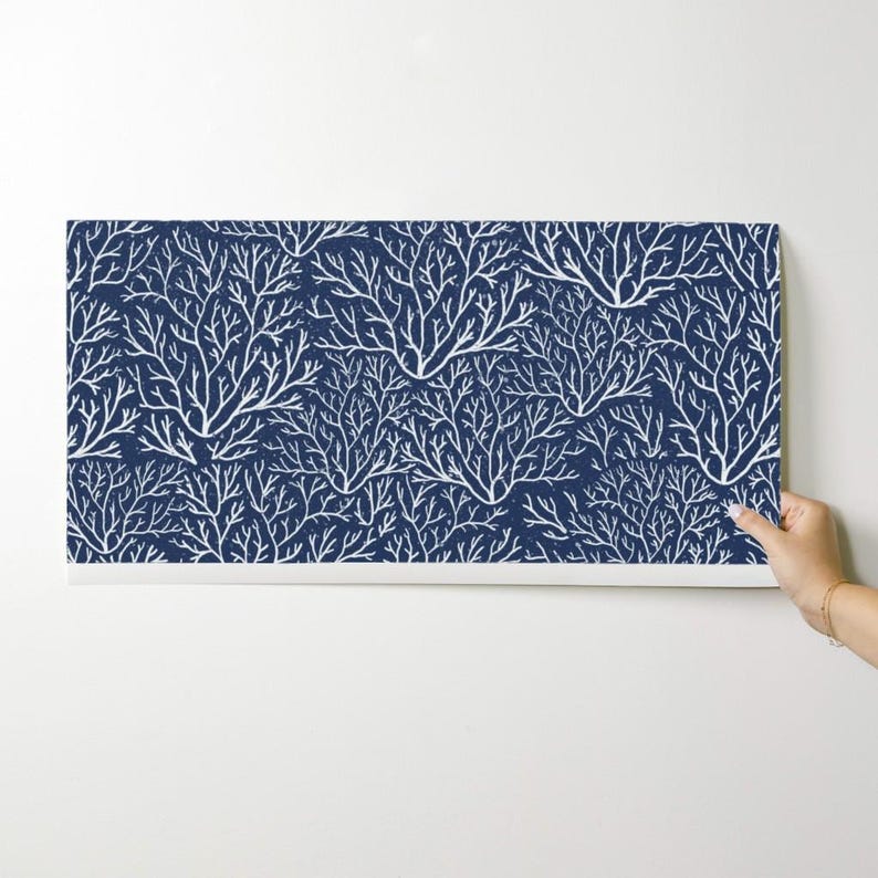 Nautical Navy Blue Coral Wallpaper, Preppy Coastal Coral Reef Peel and ...