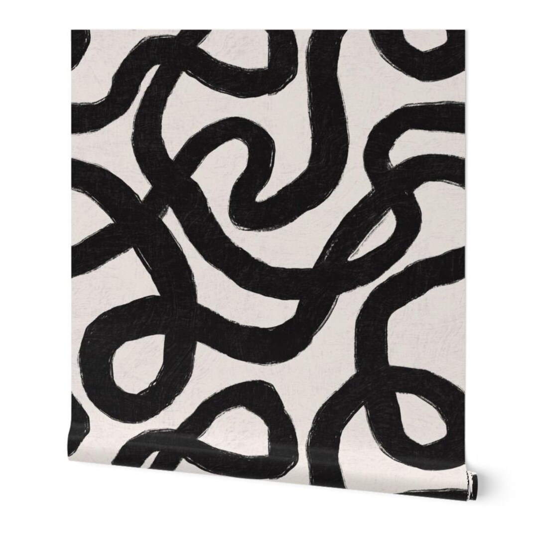 Japandi Squiggly Brushstroke Wallpaper, Bold Black and White Looping ...