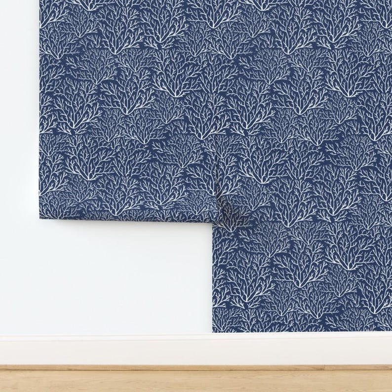 Nautical Navy Blue Coral Wallpaper, Preppy Coastal Coral Reef Peel and ...