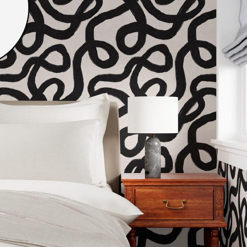 Japandi Squiggly Brushstroke Wallpaper, Bold Black and White Looping ...
