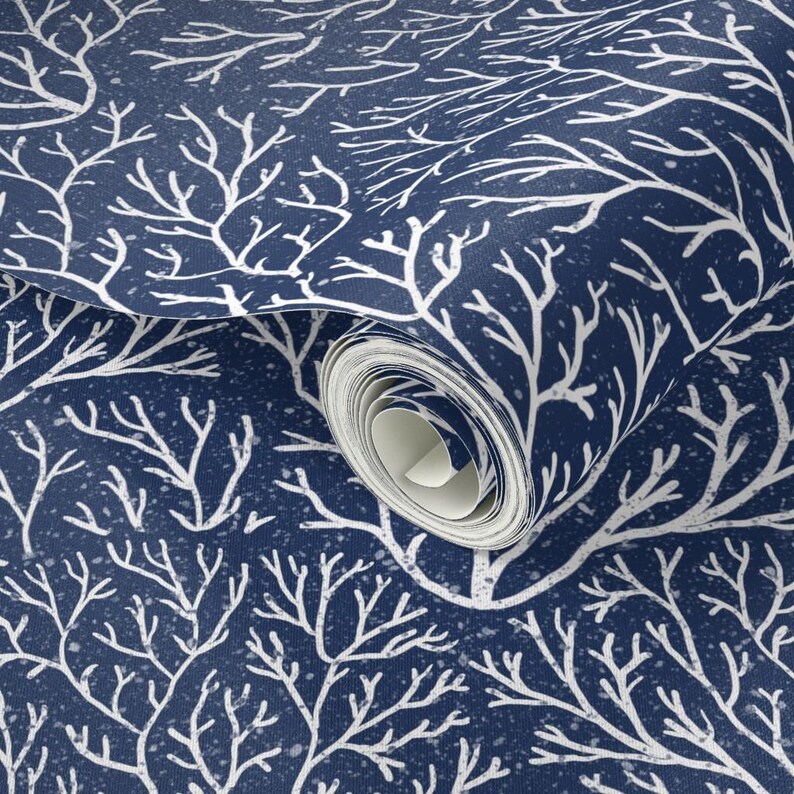 Nautical Navy Blue Coral Wallpaper, Preppy Coastal Coral Reef Peel and ...