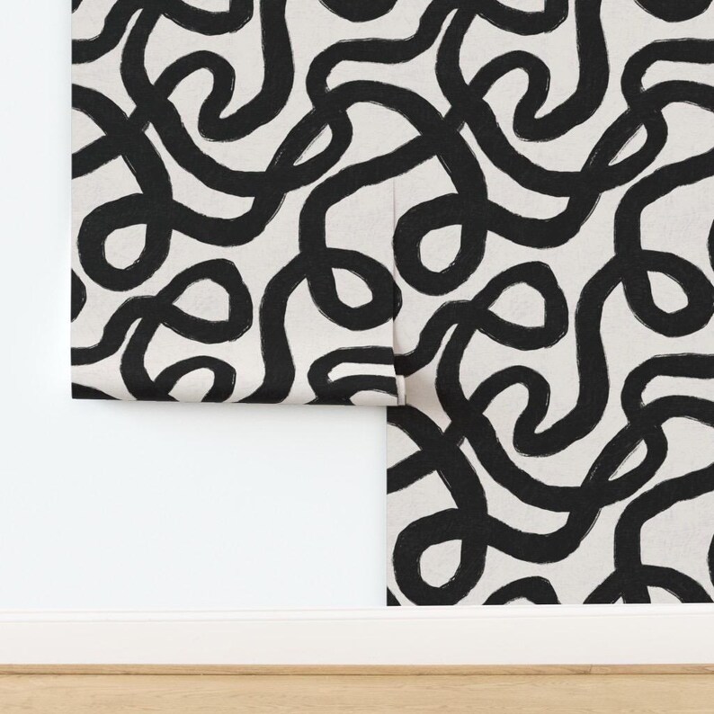Japandi Squiggly Brushstroke Wallpaper, Bold Black and White Looping ...