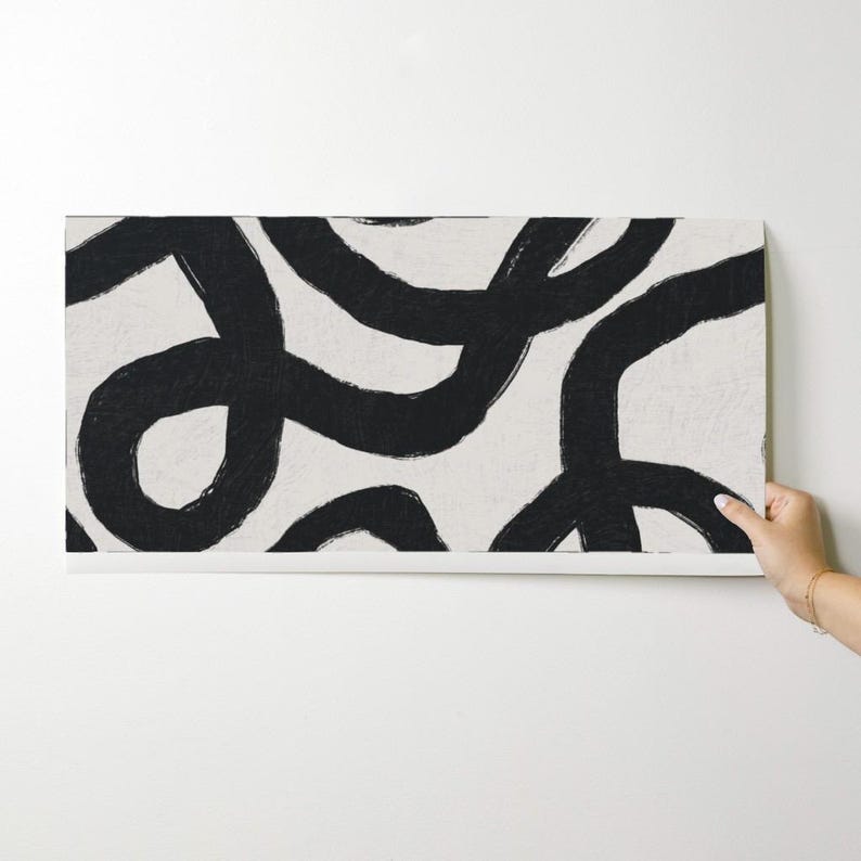 Japandi Squiggly Brushstroke Wallpaper, Bold Black and White Looping ...