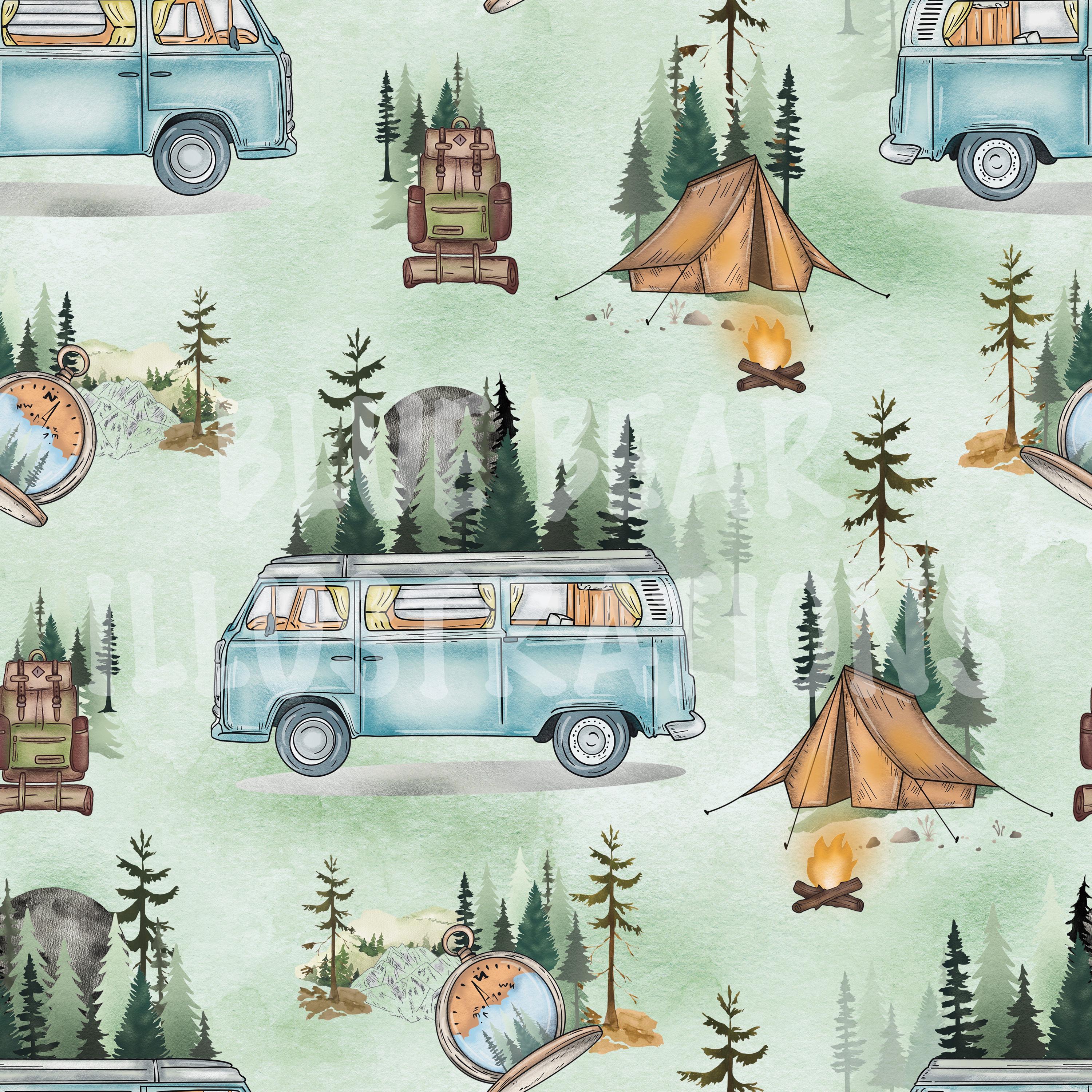 Camping Seamless Pattern, Vintage Camper Van, Cozy Tent, Campfire ...