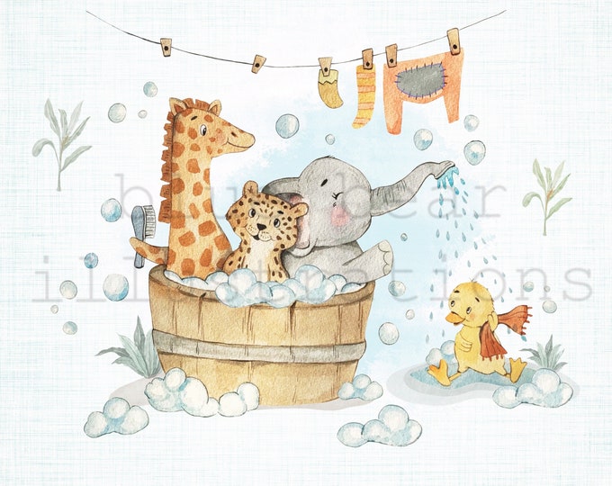 Cute Animals Bath PNG, Clip Art, Animal Bath, Kids Design, Watercolor ...
