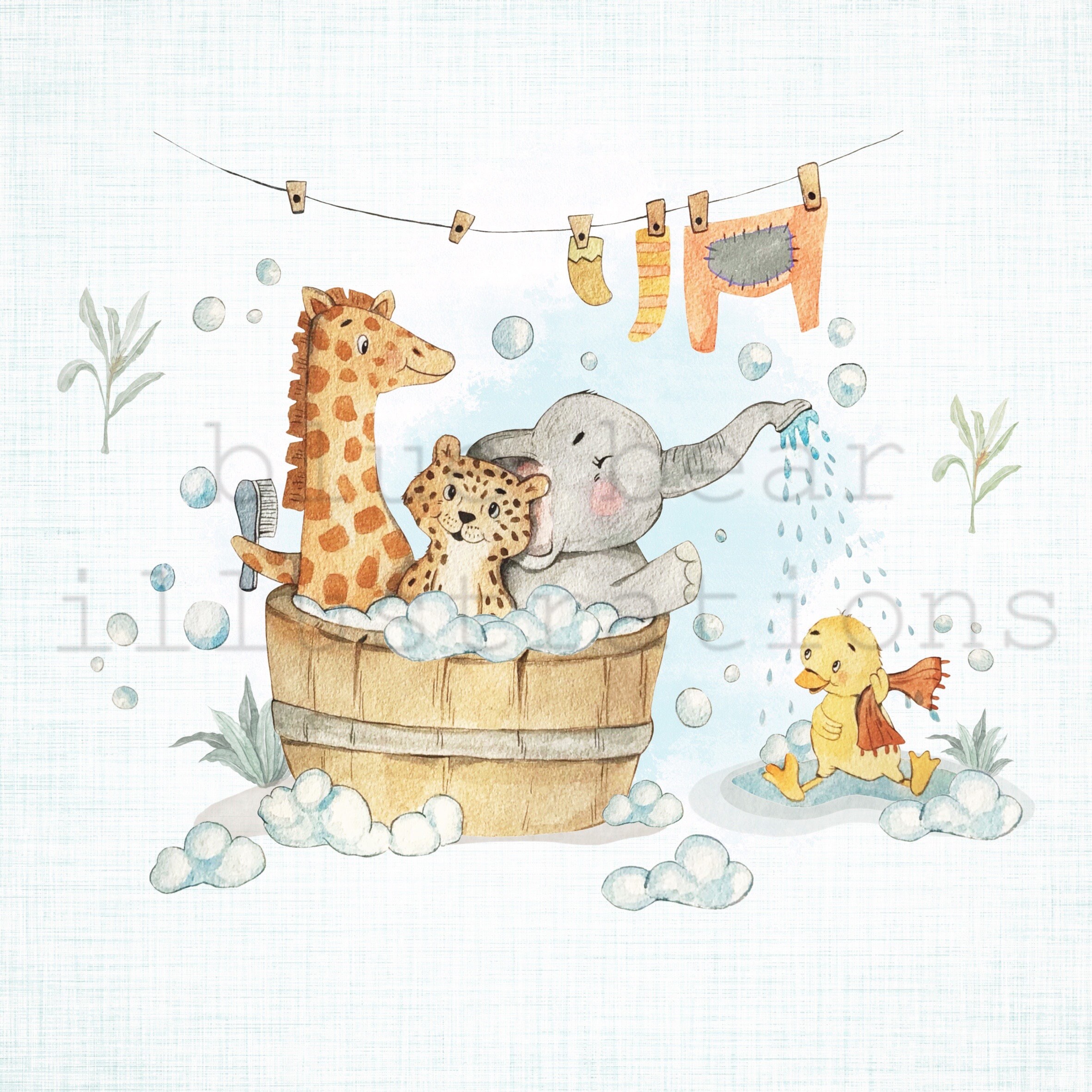 Cute Animals Bath PNG, Clip Art, Animal Bath, Kids Design, Watercolor ...