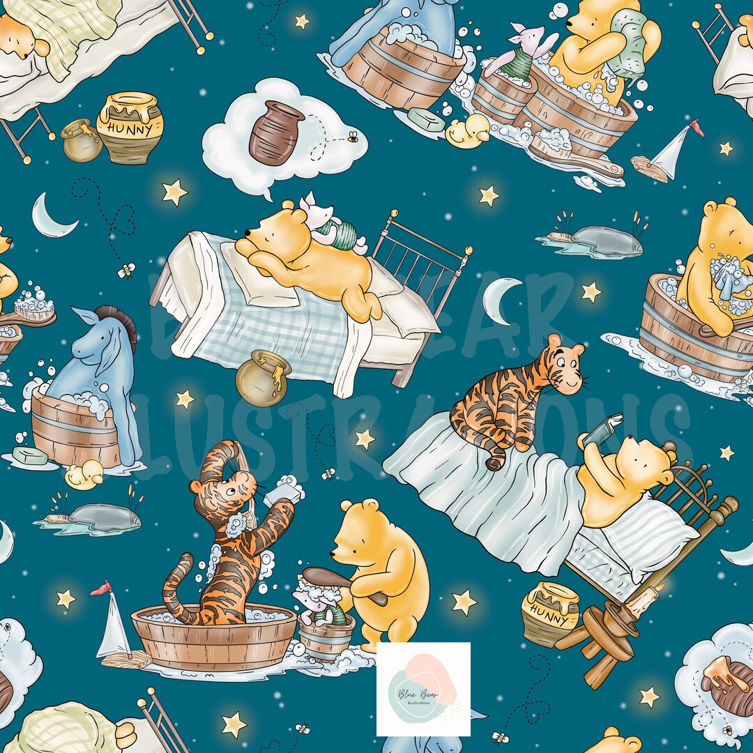 Classic Winnie the Pooh Seamless Pattern, Bath & Bedtime Print (digital ...