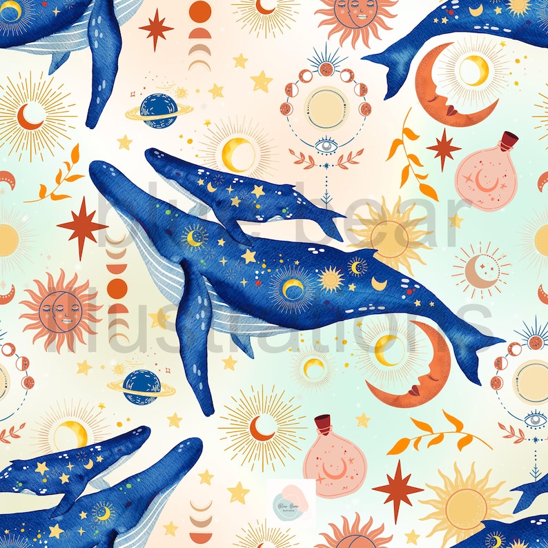 Celestial Whale Seamless Pattern, Celestial Boho Design, Whale Seamless Print, Whale Seamless ...