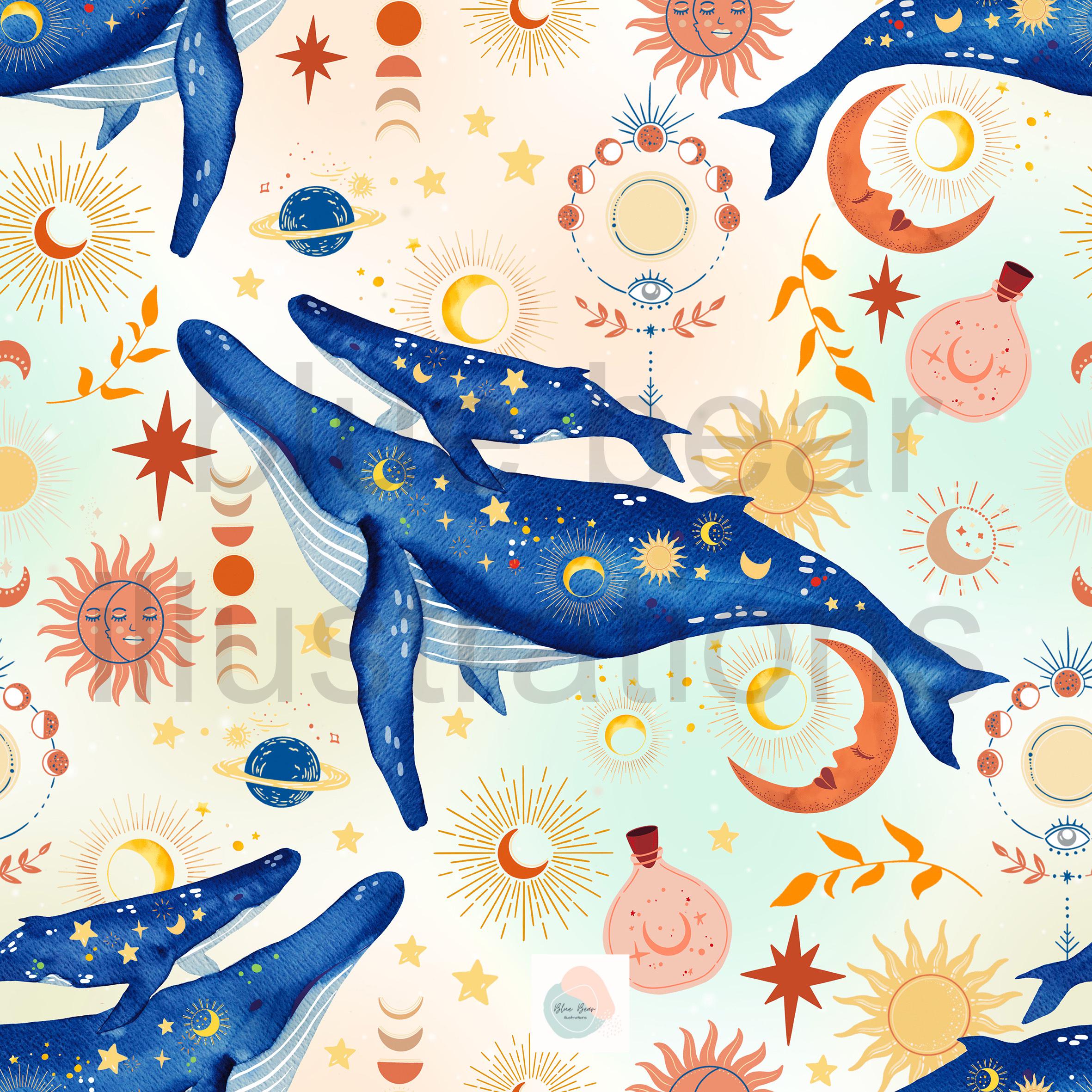 Celestial Whale Seamless Pattern, Celestial Boho Design, Whale Seamless ...