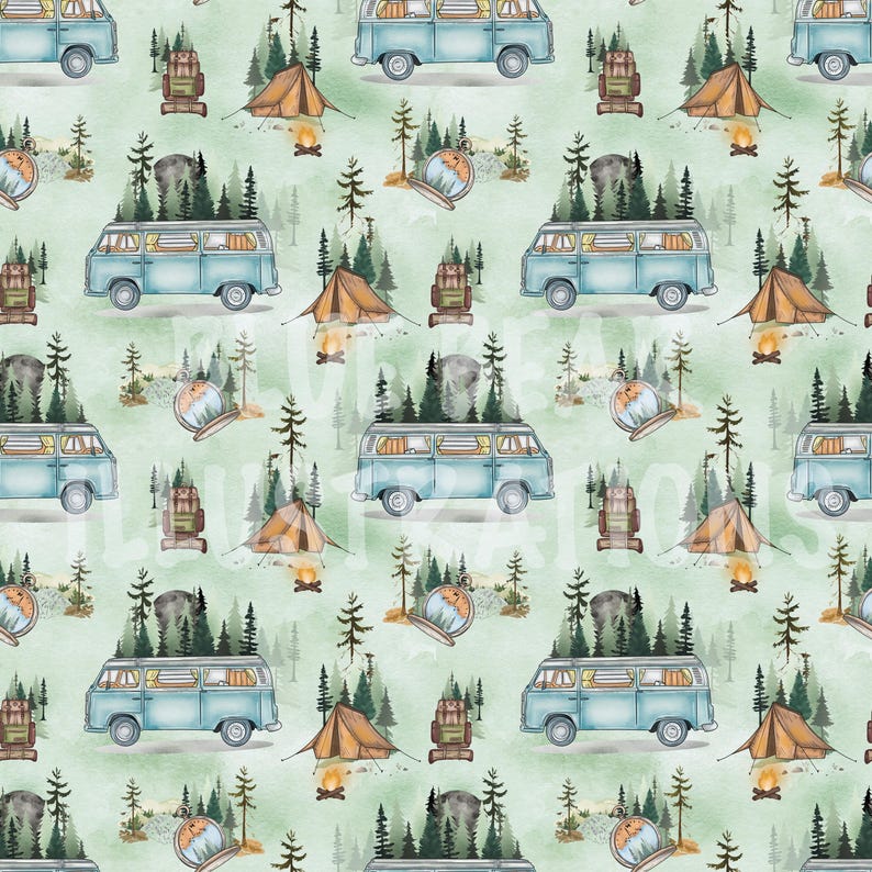 Camping Seamless Pattern, Vintage Camper Van, Cozy Tent, Campfire ...