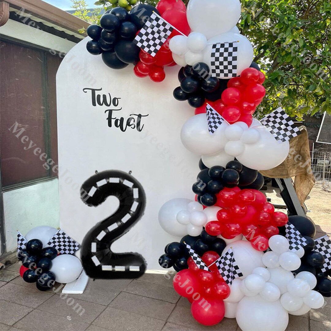 175/176pcs Race Car Balloon Garland Red Black White Track Flag Two Fast ...