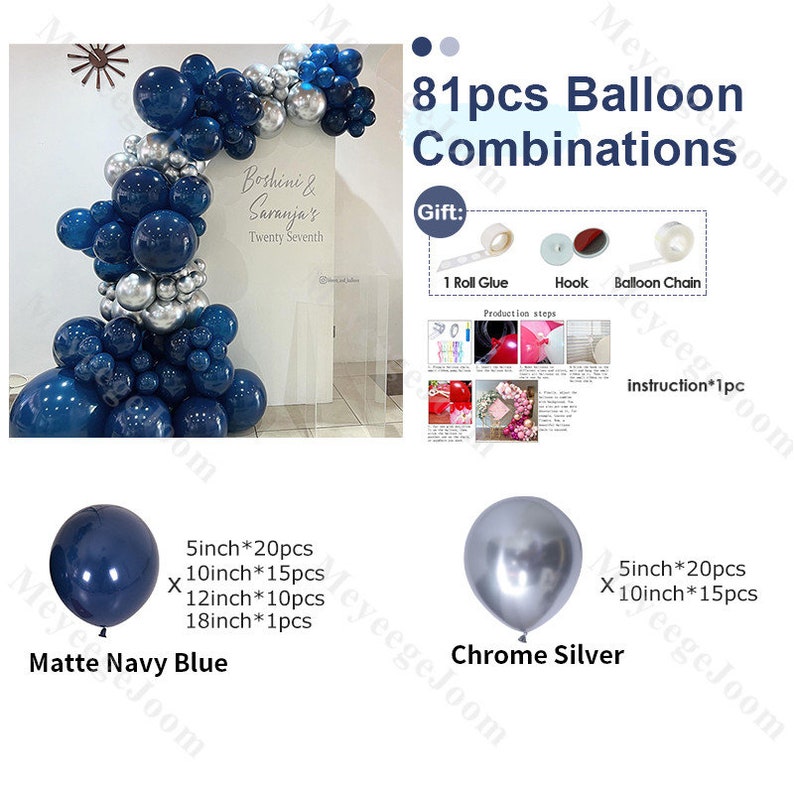 81pcs Balloon Garland Arch Kit Navy Blue Silver Boho Balloons Baby ...