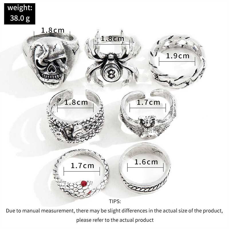 7Pcs Gothic Silver Color Skeleton Rings for Men Punk Grimace Heart ...