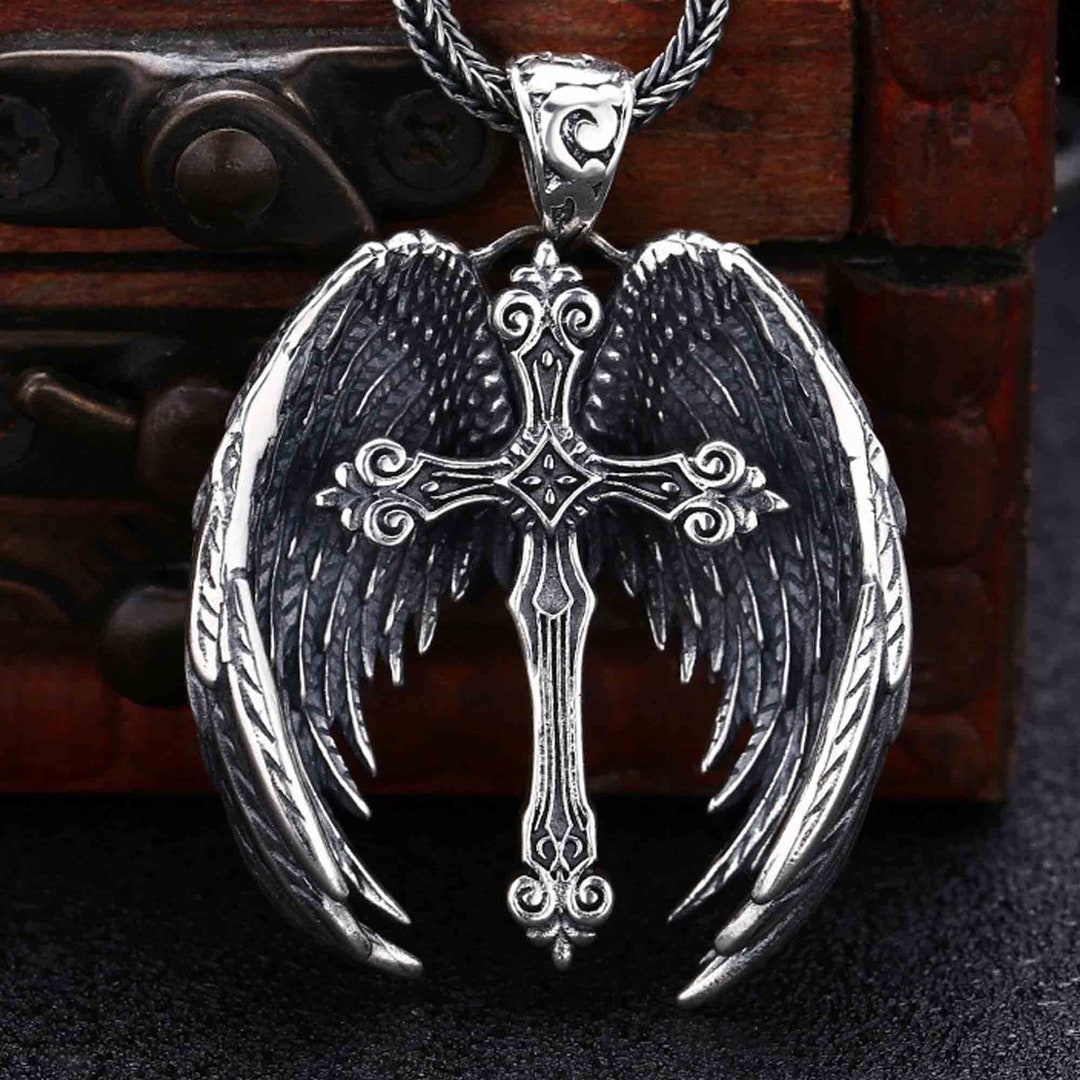 Unisex Vintage Angel Wings Cross Necklace With Feather Guard Pendant ...