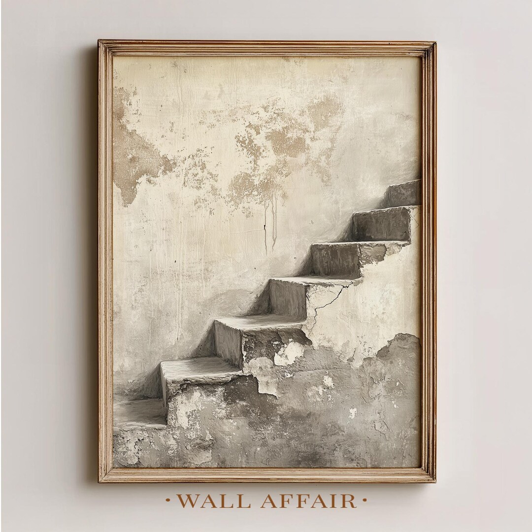 Rustic Vintage Staircase Print, Printable Textured Monochrome Wall Art ...