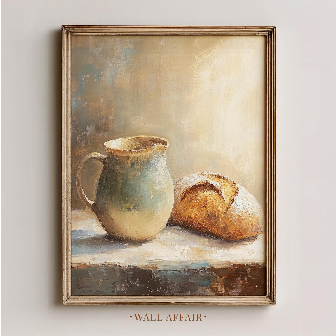 Printable Cottagecore Still Life Art - Ceramic Pitcher & Artisan Bread ...