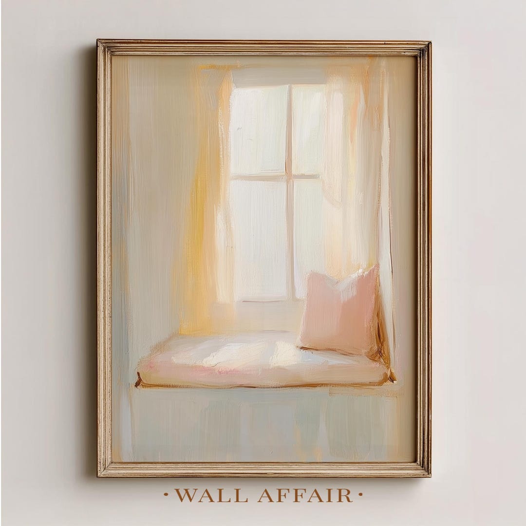 Cozy Cottagecore Window Seat Painting, Valentine's Romantic Neutral Art ...