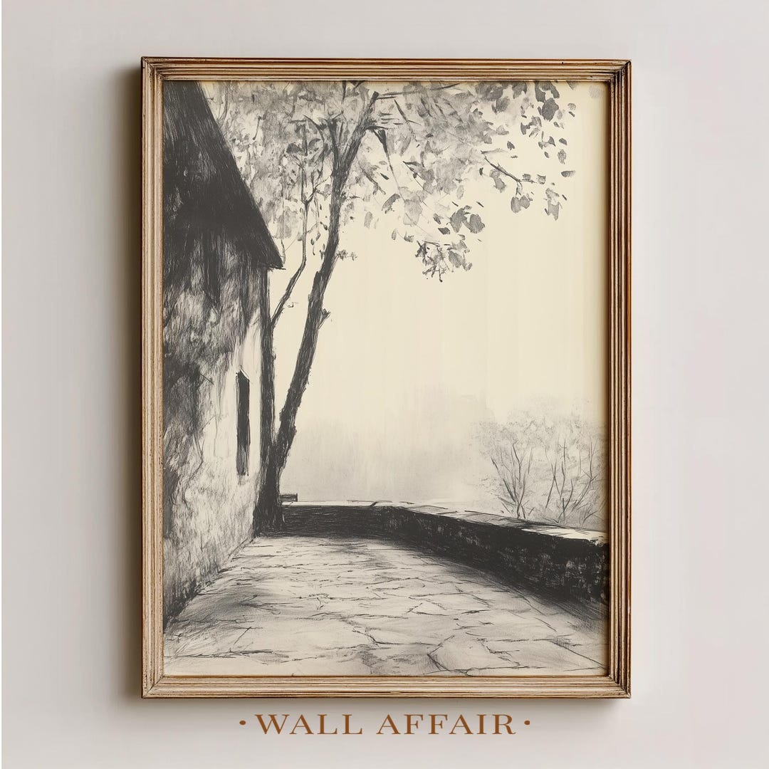 Rustic Monochrome Street Path Sketch - Moody Vintage Printable Art ...