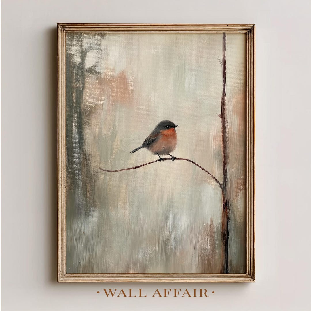 Calm Robin on a Twig - Gentle Minimal Wall Art, Printable Japandi Style ...