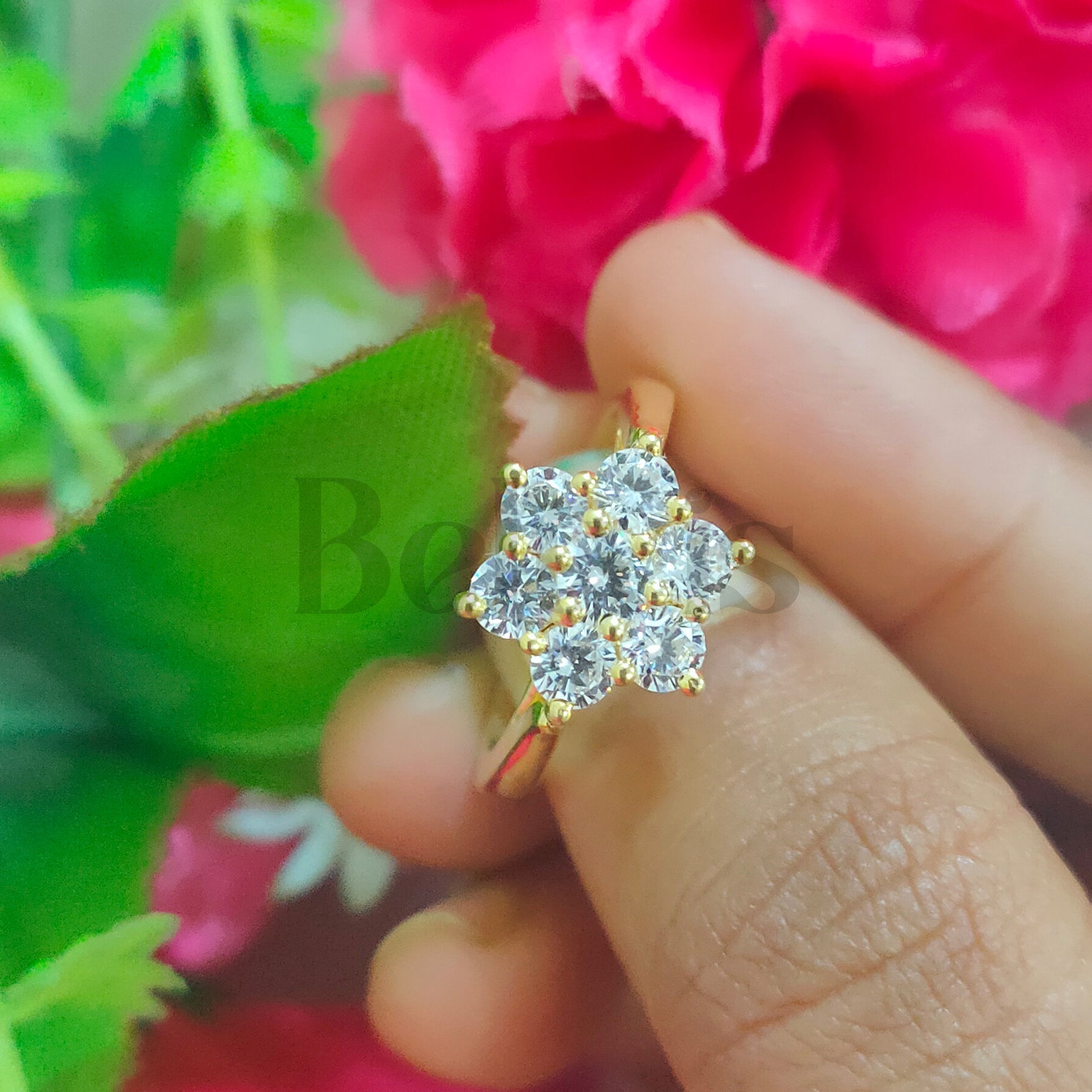 Vintage Diamond Daisy Flower Cluster Ring 14K Yellow Gold Over Sterling ...