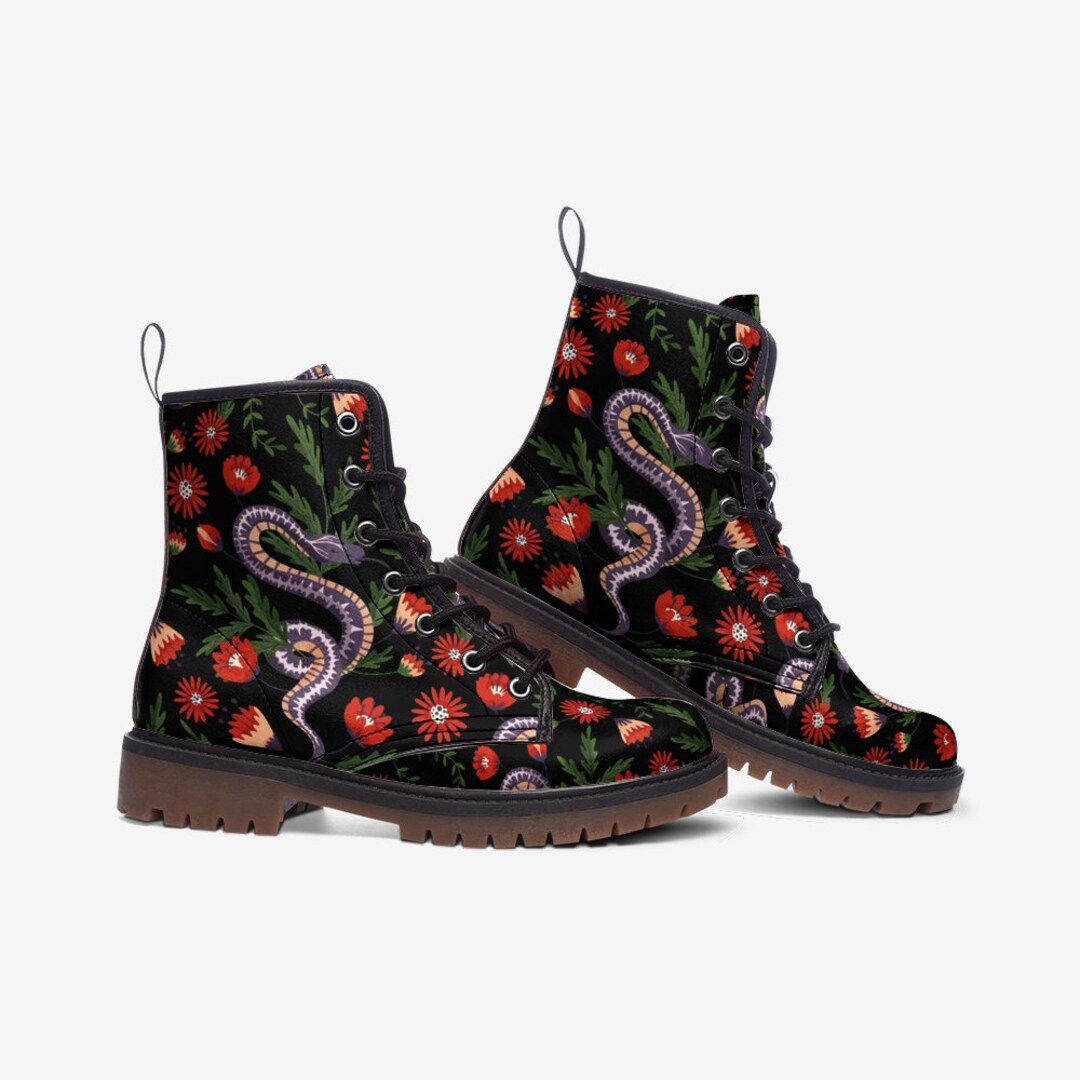 Red Floral Combat Boots Snakes Print Ankle Boots Dark - Etsy