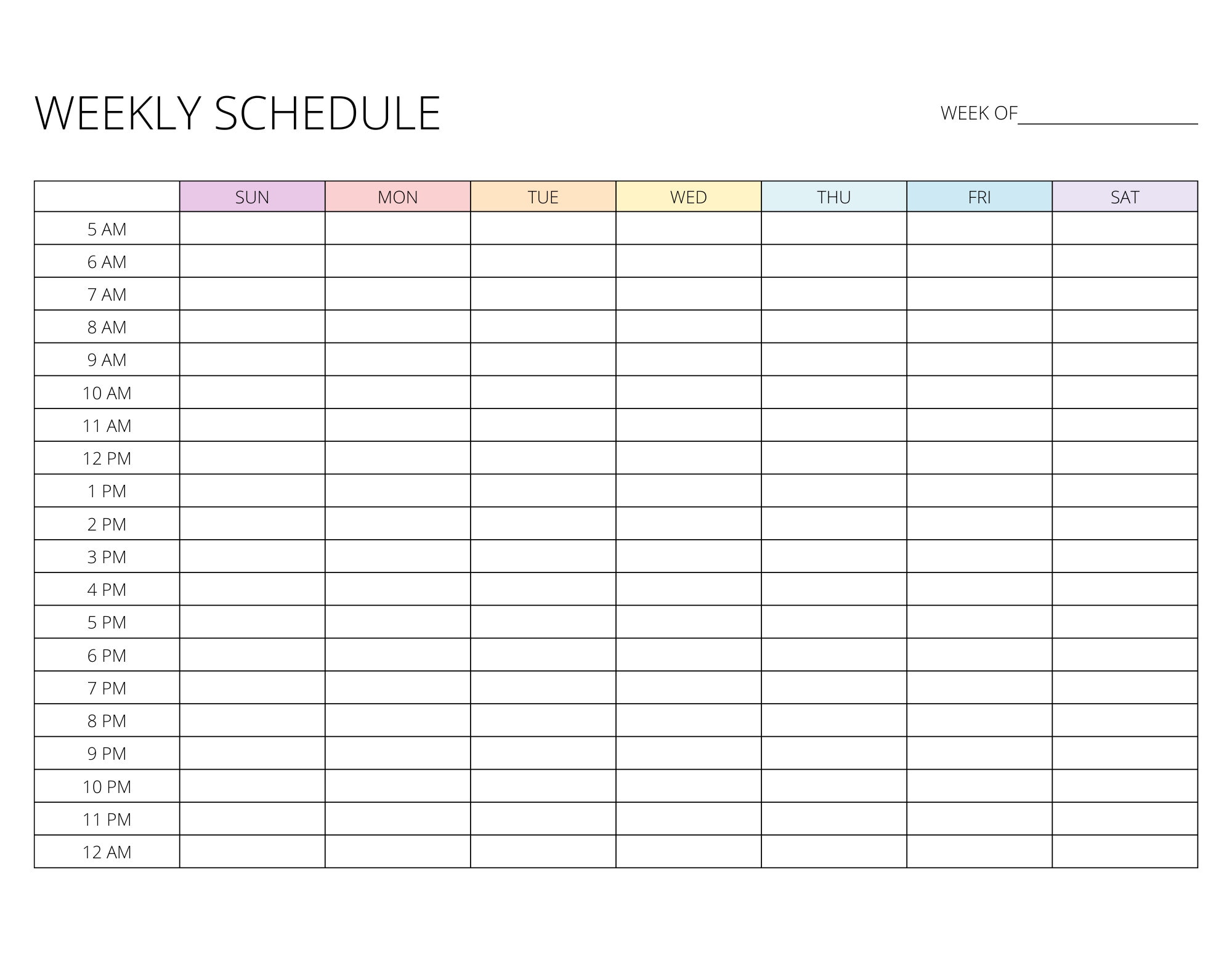 Editable Hourly Weekly Schedule Landscape Horizonal | Printable ...