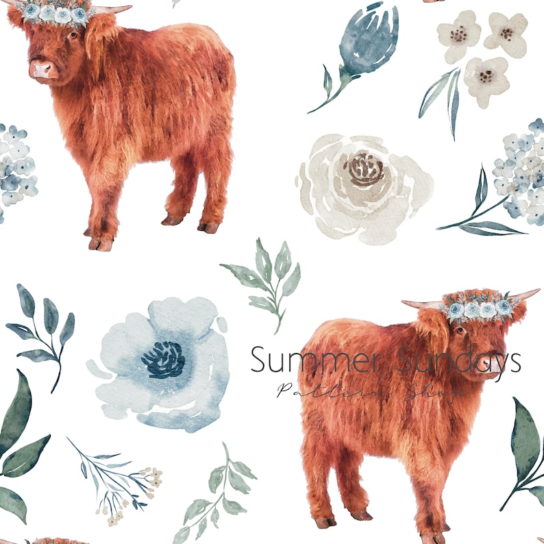 Highland Cow Floral Seamless Pattern, Boho Floral Pattern for ... Highland Cow Floral Seamless Pattern, Boho Floral Pattern for ...