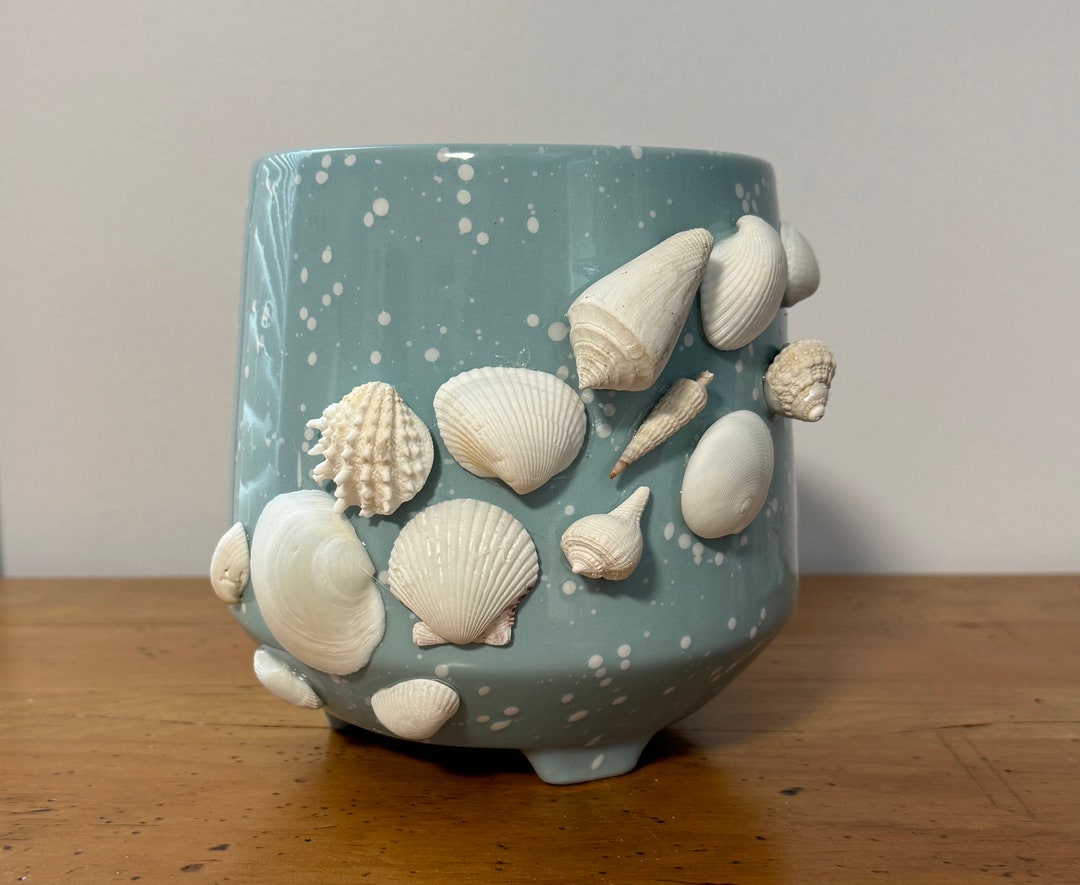 Flower Pot Blue With White Seashells Beach Theme Nautical Coastal ...