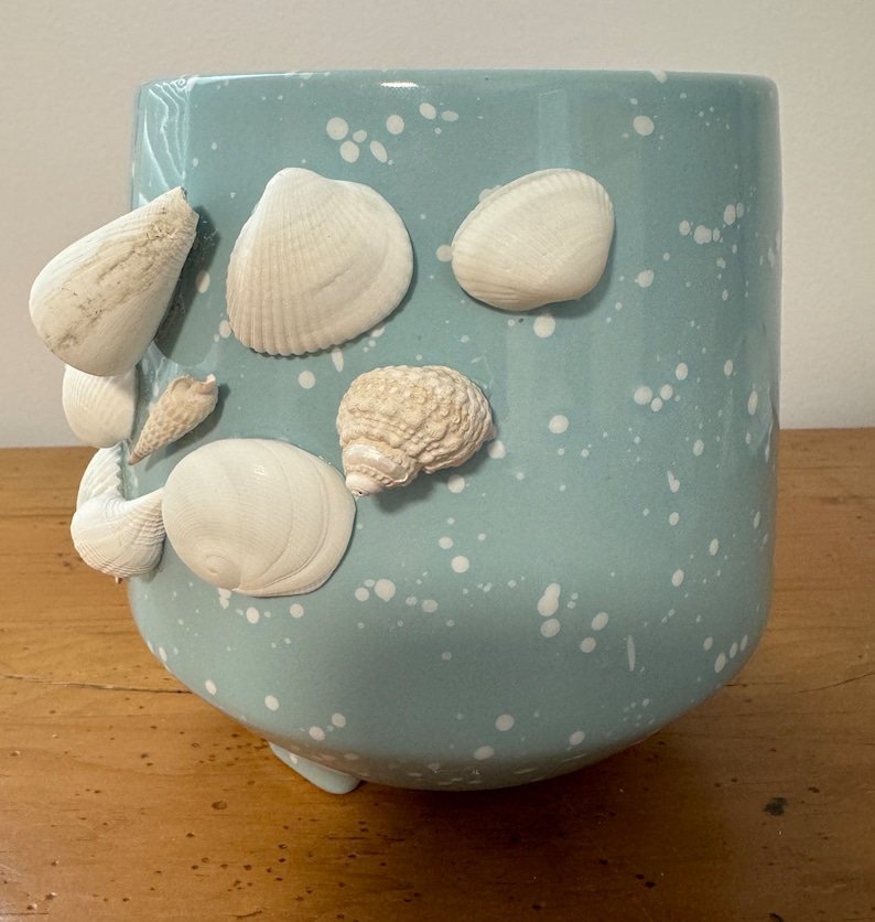 Flower Pot Blue With White Seashells Beach Theme Nautical Coastal ...