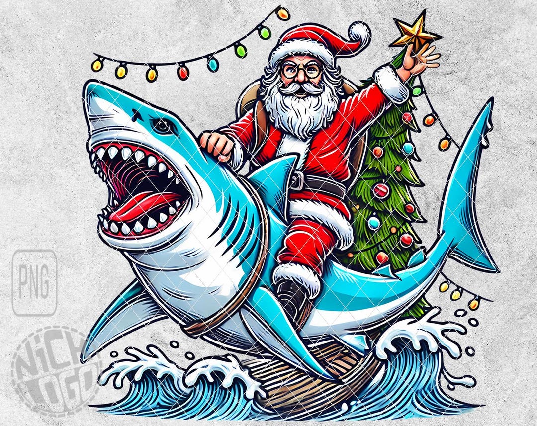 Santa Claus Riding Shark Merry Christmas Lights PNG - Etsy