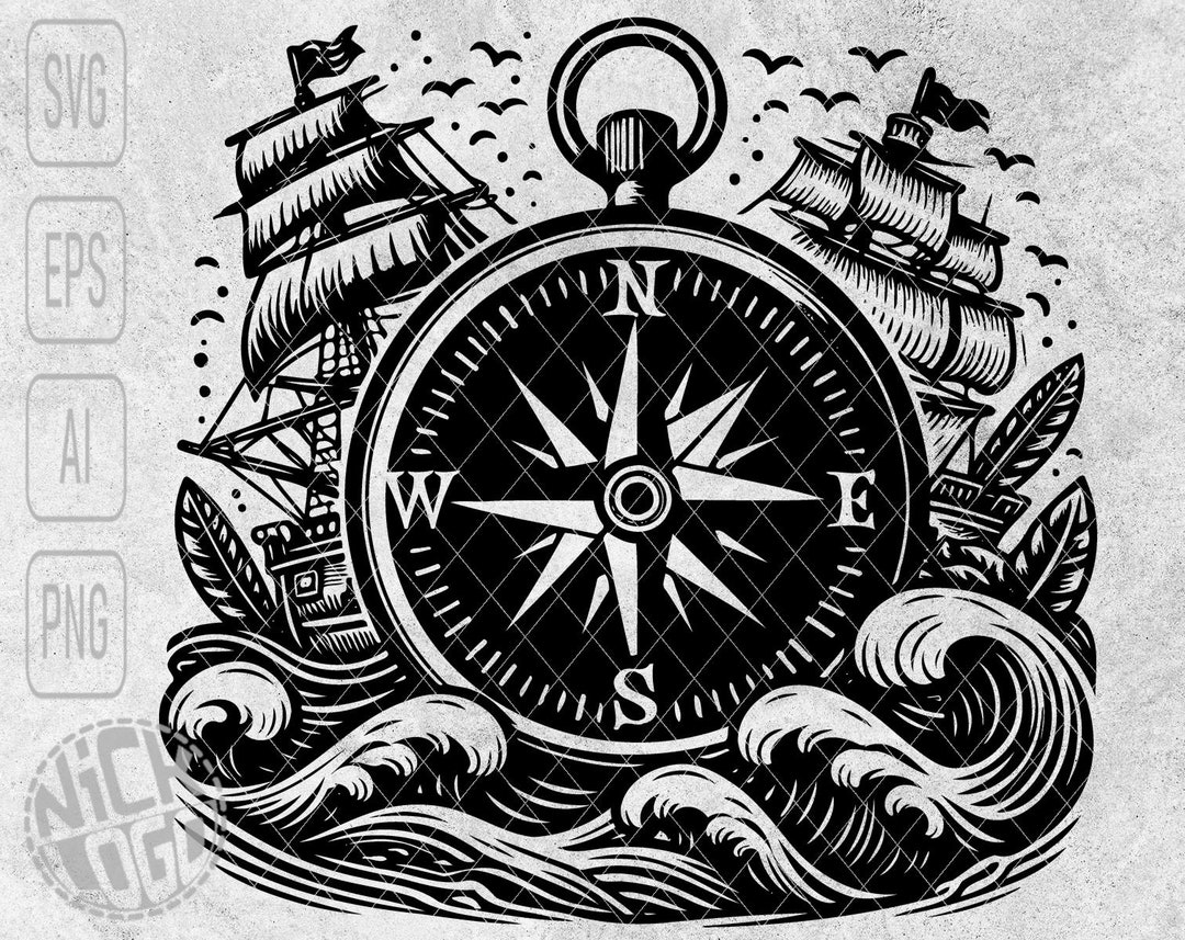 Compass Sea Ocean Wave Sailboat Buccaneer Wind Lighthouse Adventure SVG ...