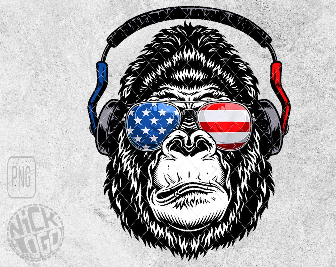 Gorilla Monkey Head Headset Glasses Funny Independence Day July 4th American Flag PNG - Etsy
