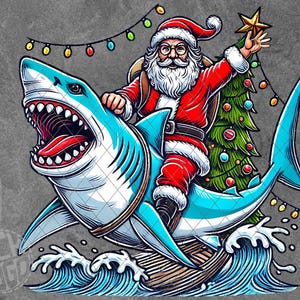 Santa Claus Riding Shark Merry Christmas Lights PNG - Etsy