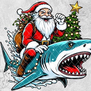 Santa Claus Riding Shark Merry Christmas Lights PNG - Etsy