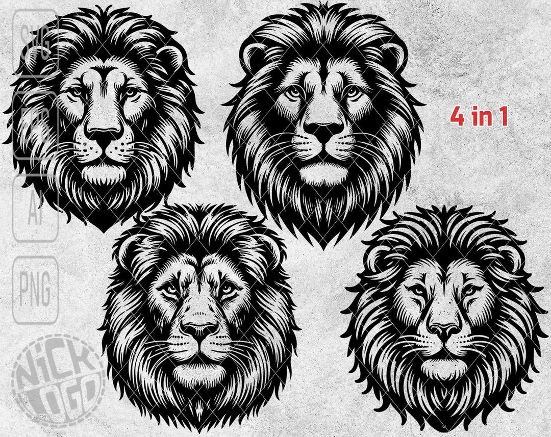 4 in 1 Bundle Lion Head Face Big Cat King of Jungle Beasts Panthera Leo ...